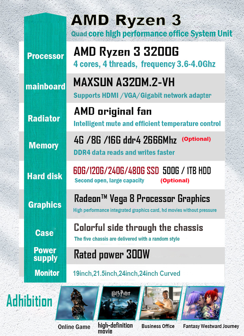 Gaming Desktop Set Ryzen 5 5600G Ryzen 3 3200G With 8G/16G Memory 120G ...