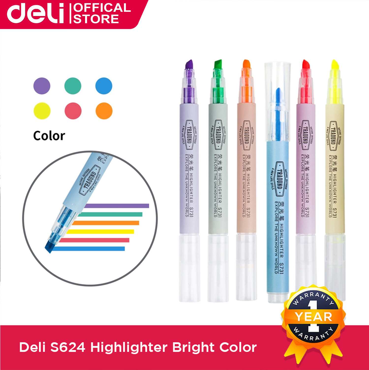 Deli S624 Highlighter Pen Set Bright Color 6 Pcs