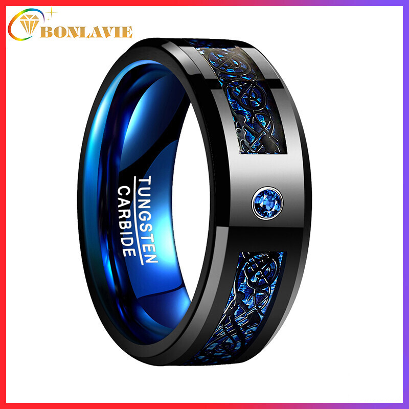 BONLAVIE Men's 8mm Blue Carbon Fiber Black Celtic Dragon Authentic Tungsten Carbide Ring Comfort ...