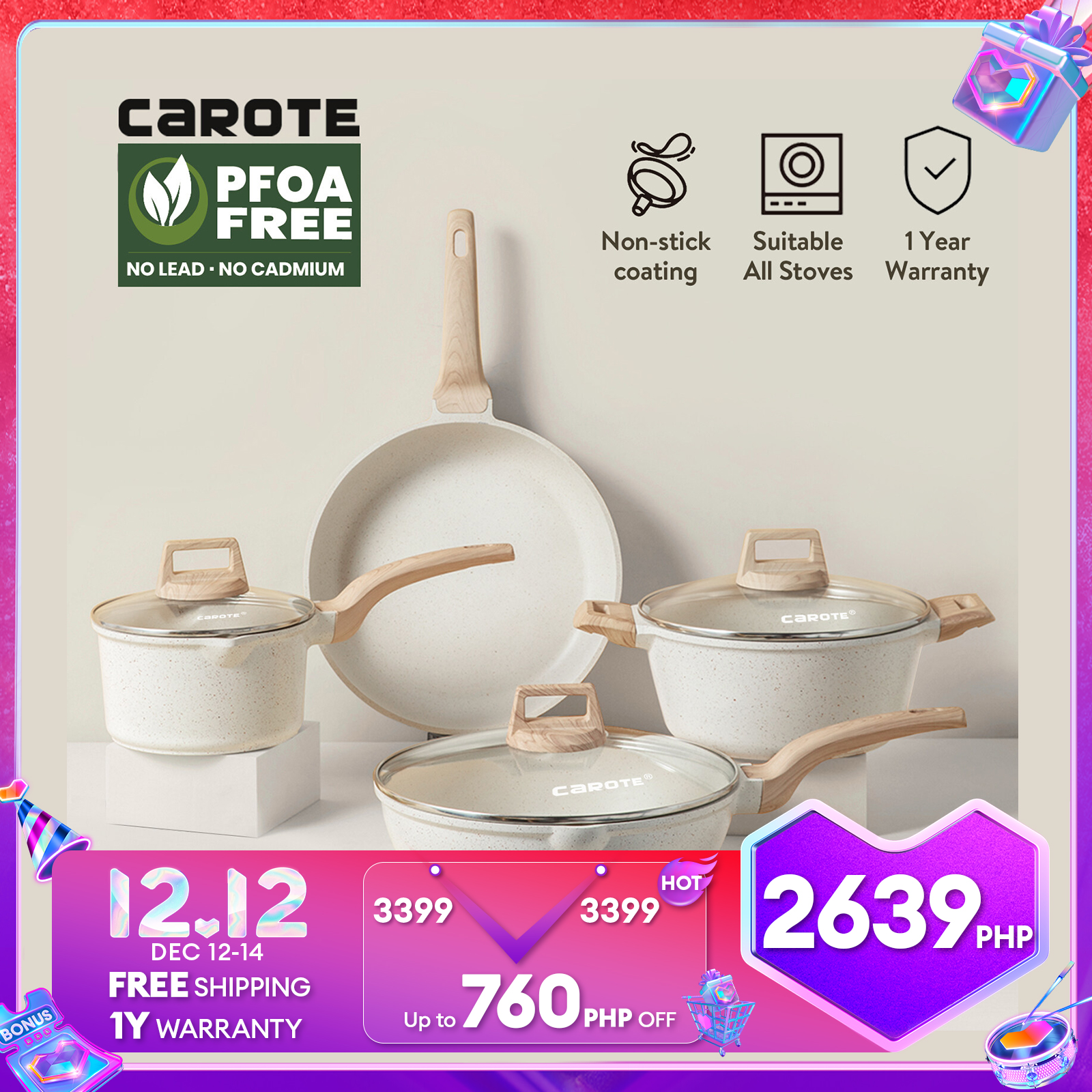 Carote Non Stick Frying Pan 4 pcs Kitchen ware Cookware Set kaldero pot ...