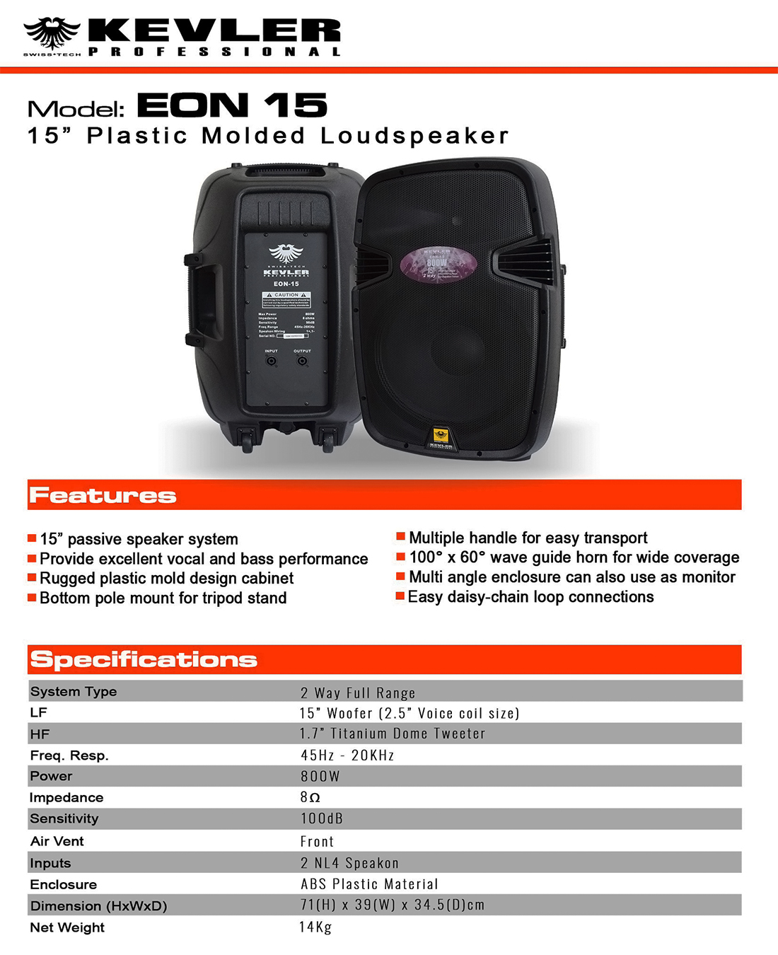 KEVLER EON-15 15" 800W 2-Way Bass Reflex Full Range Passive Loud Speak ...