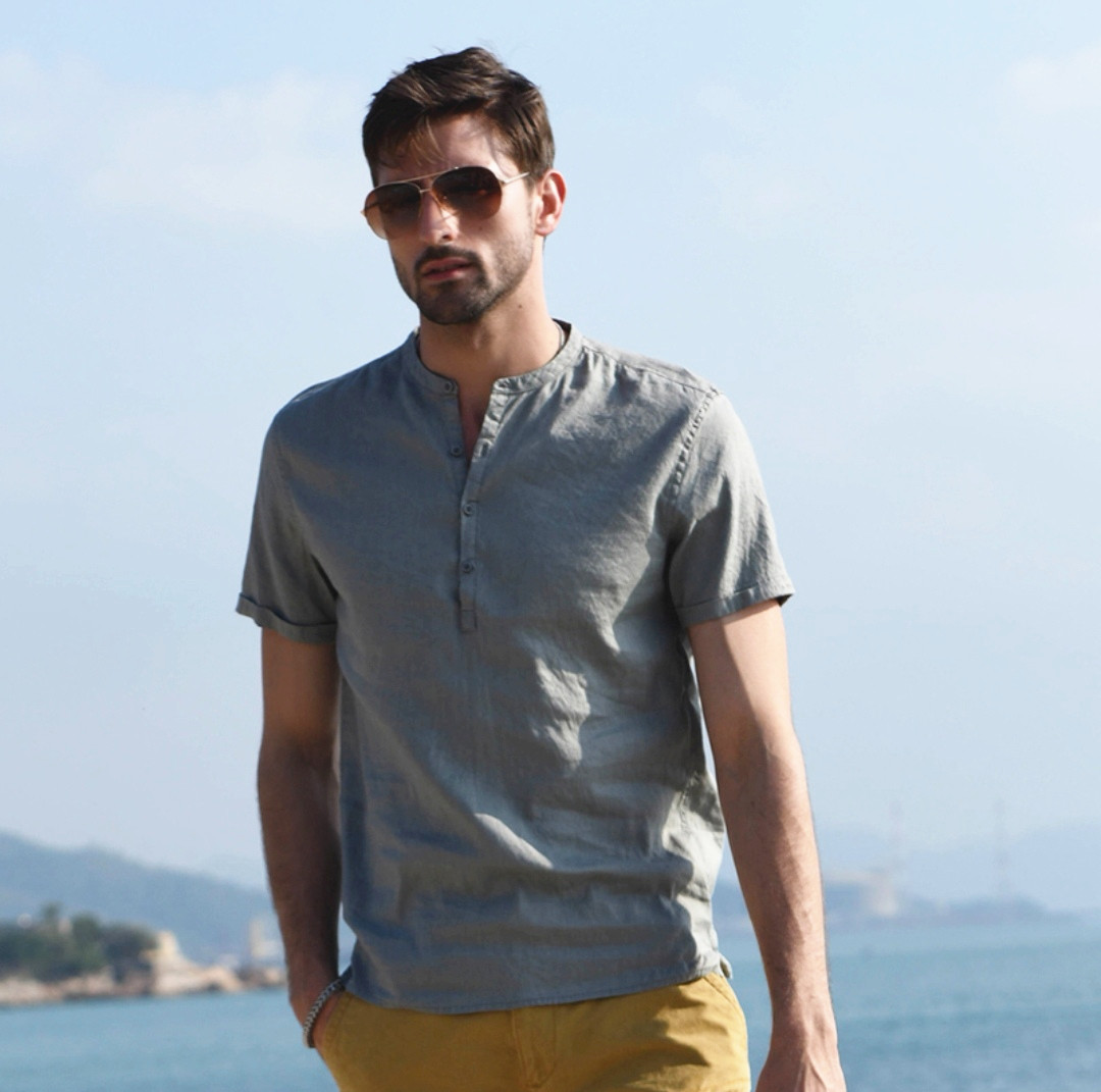 Chinese collar men's short-sleeved cotton shirt polo shirt for huilishi ...