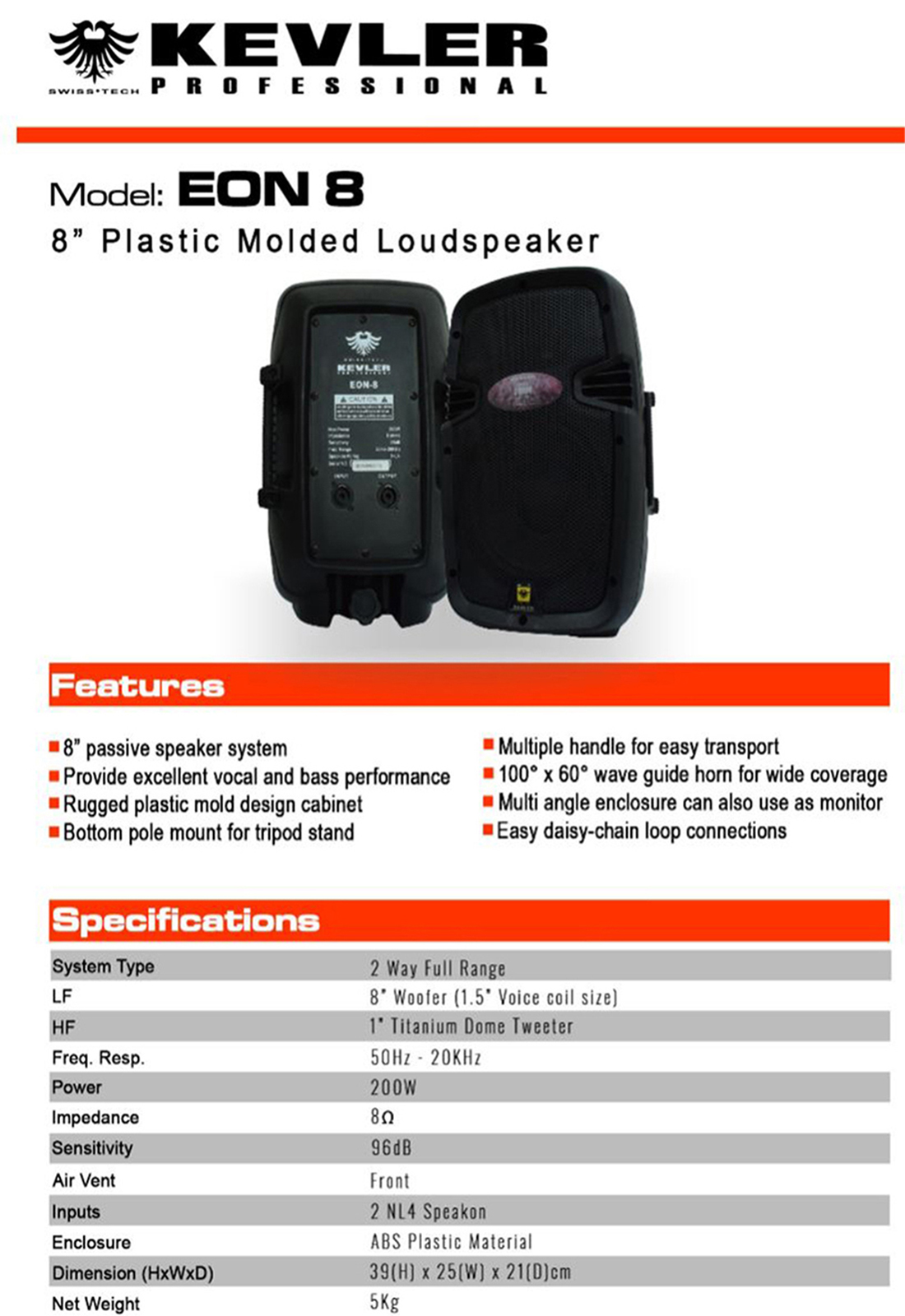 KEVLER EON-8 8" 200W 2-Way Bass Reflex Full Range Passive Loud Speaker ...