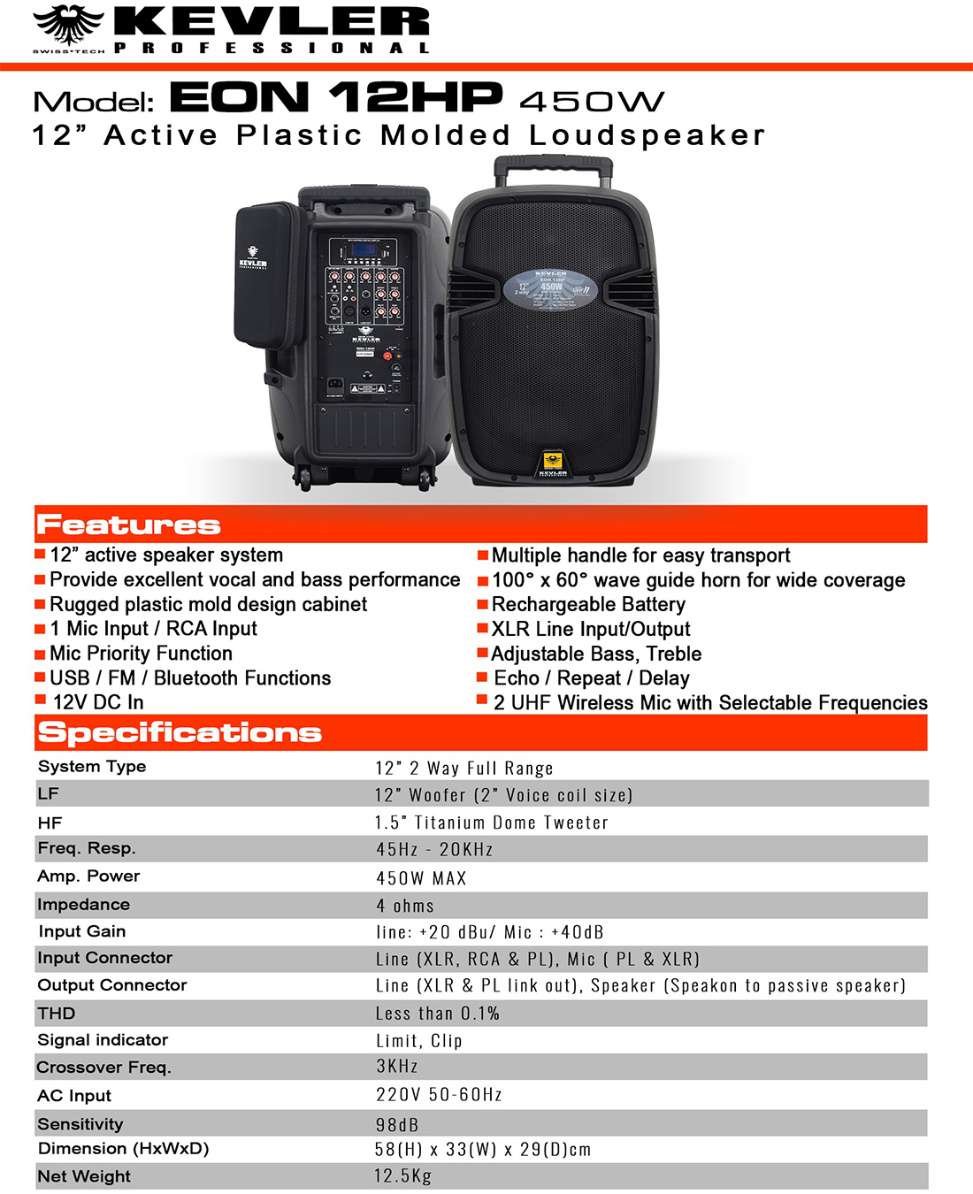 KEVLER EON-12HP 12" 450W 2-Way Full Range Active Loud Speaker with LCD ...